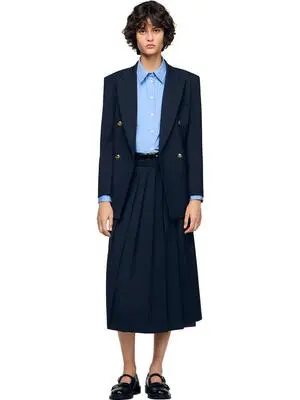 Sandro Wool Midi Pleated Skirt - Navy Blue