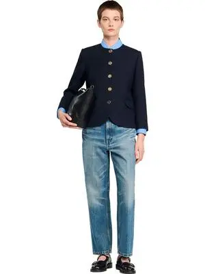 Sandro Round Collar Button Jacket - Navy Blue