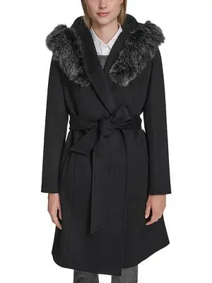 Cole Haan Single Breasted Faux Fur Hooded Coat - Black