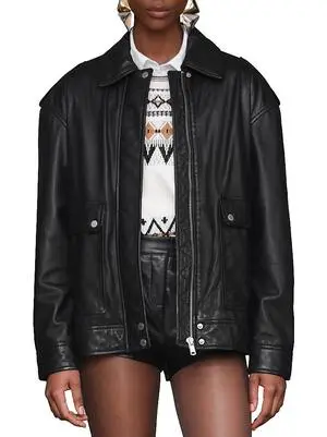 Avec Les Filles Genuine Leather Aviator Jacket - Black