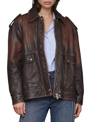 Avec Les Filles Genuine Leather Aviator Jacket - Burnished Brown