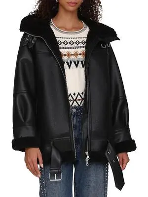 Avec Les Filles Faux Shearling Hooded Coat - Black