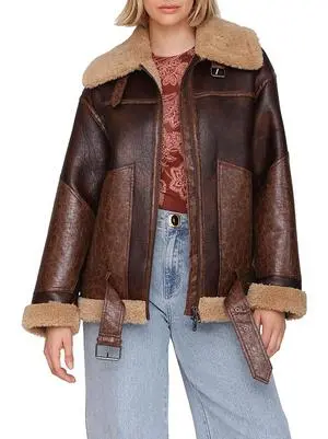 Avec Les Filles Faux Fur Trim Moto Jacket - Brown-teddy