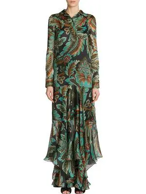 Etro Silk Printed Maxi Shirt Dress - Print On Black Base