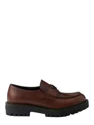 Prada Leather Loafers With Logo - Brown