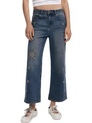 Desigual Wide Leg Embroidered Jeans - Blue