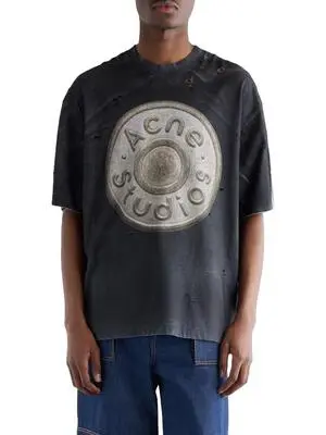 Acne Studios Exford U Distressed Coated Button Logo Graphic T-shirt - Black