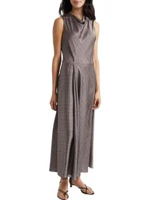Vince Pressed Plaid Cowl Neck Maxi Dress - Brown Multi Plaid
