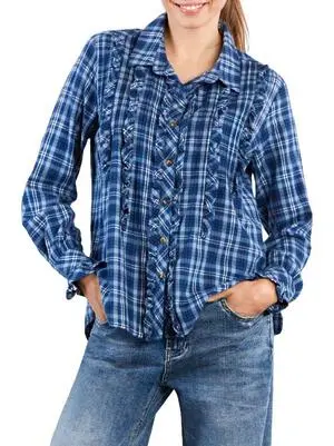 BILLY T Plaid Ruffle Cotton Button-up Shirt - Blue Denim Plaid