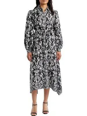 Julia Jordan Scroll Print Long Sleeve Shirtdress - Black Ivory