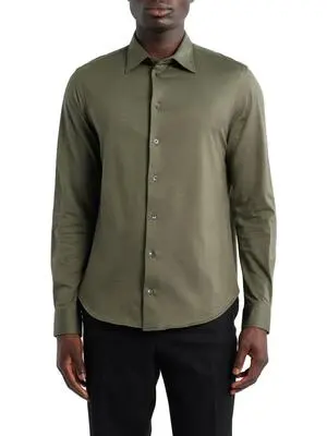 Emporio Armani Solid Cotton Piqué Button-up Shirt - Solid Medium Green