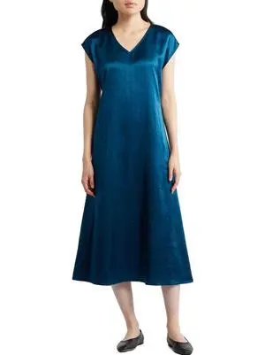 Eileen Fisher Crinkled Satin Midi Dress - Atlantis