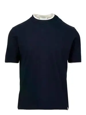 PAOLO PECORA Contrast-trim Cotton T-shirt - 6685 Navy Blue