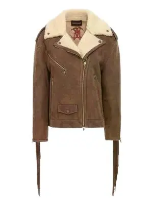 Roberto Cavalli Shearling-trimmed Fringed Leather Jacket - Brown
