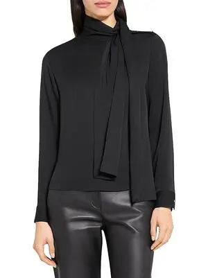 Theory Silk Tie Neck Blouse - Black