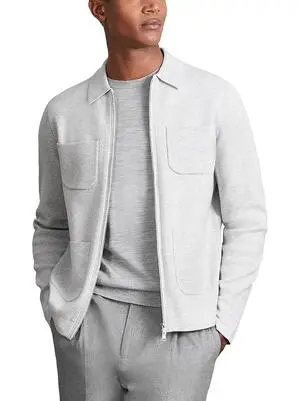 REISS Long Sleeve Ribbed Shirt Jacket - Soft Grey