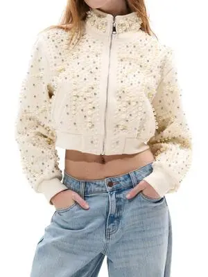 AZALEA WANG Embellished Cropped Bomber Jacket - Cream