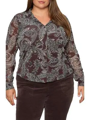 Sanctuary Fitted Mesh Button-up Shirt - Mineral Brown