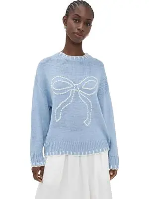 BAILEY ROSE Embroidered Bow Knit Sweater - Powder Blue