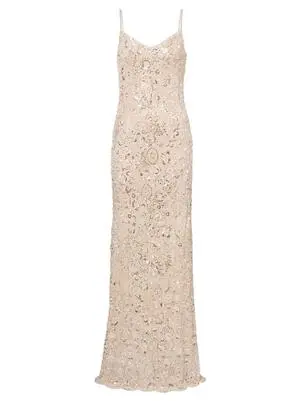 SELF-PORTRAIT Sequined Floral Maxi Dress - Beige