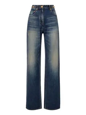 Versace Distressed High-rise Wide-leg Jeans - Blue