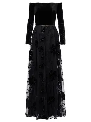 Elie Saab Embroidered Tulle And Velvet Gown - Black
