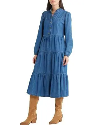 Treasure & Bond Long Sleeve Tiered Chambray Maxi Dress - Medium Wash