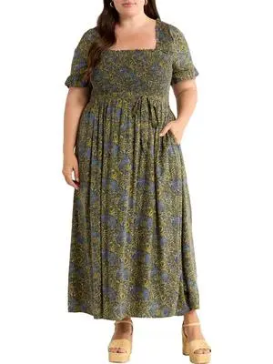 Chelsea28 Smocked Ruffle Maxi Dress - Navy- Yellow Jasmine Boho