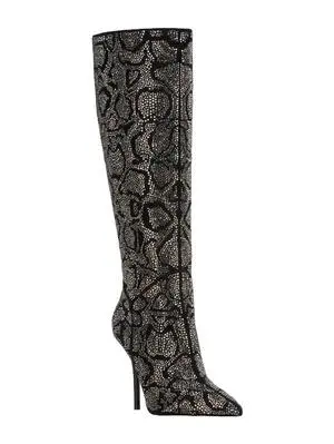 Jessica Simpson Knee High Stiletto Boots - Black Silver Leopard