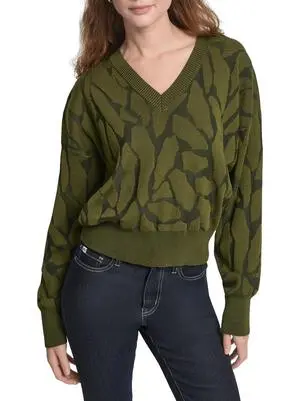 Dkny Jacquard V-neck Sweater - Dark Olive