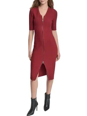 Dkny Ribbed Front Zip Sweater Dress Merlot