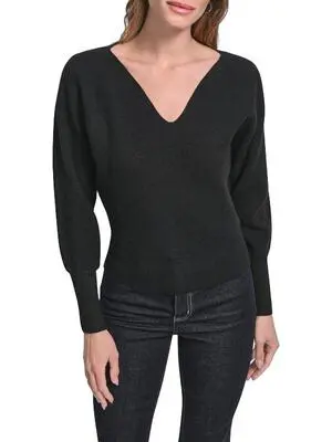 Dkny V-neck Dolman Sleeve Pullover Sweater - Black