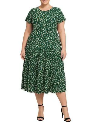 STANDARDS & PRACTICES Floral Short Sleeve Midi Dress - Green Daisy