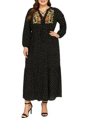 STANDARDS & PRACTICES Embroidered Polka Dot Maxi Dress - Black