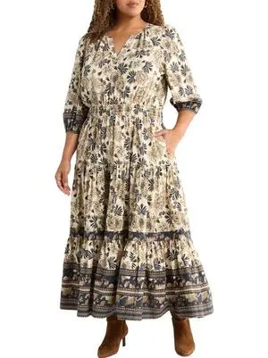 Treasure & Bond Floral Cotton Maxi Dress - Ivory- Navy Mix Border