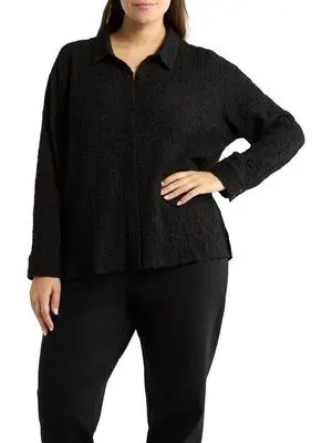 Eileen Fisher Slim Organic Cotton Blend Knit Button-up Shirt - Black