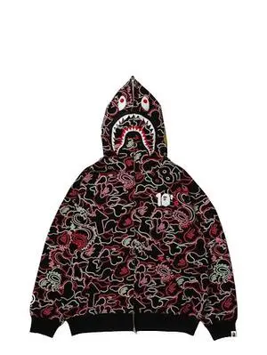 A BATHING APE BAPE X 88rising Glow In The Dark Camo Shark Full Zip Hoodie Red