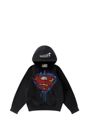YOUNGLA Superman Zip Up Sweatshirt - Black Wash