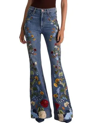 Alice + Olivia Embroidered Bell Bottom Jean - Blue
