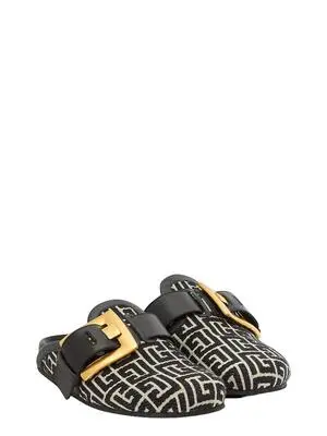 Balmain Anthem Mules In Jacquard Canvas With Pb Monogram - Black