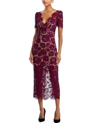 SELF-PORTRAIT Floral Lace Midi Dress - Burgundy