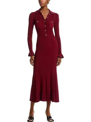 SELF-PORTRAIT Ribbed Knit Midi Dress - Burgundy
