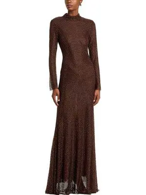 SELF-PORTRAIT Rhinestone Mesh Maxi Dress - Brown