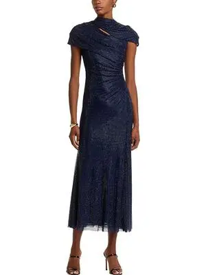 SELF-PORTRAIT Rhinestone Mesh Cutout Midi Dress - Navy