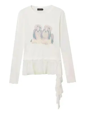 TOUT A COUP Dog-print T-shirt With Ruffled Hem - Neutrals