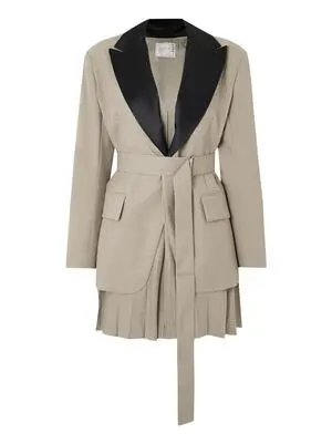 Sacai Belted Satin-trimmed Woven Blazer - Beige