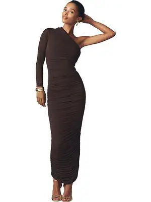Ronny Kobo Sylvan Asymmetric Gathered Midi Dress - Brown