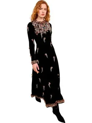 Ulla Johnson Loulou Swarovski Velvet Embroidery Midi Dress - Noir