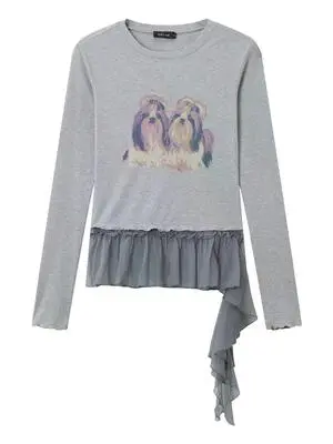 TOUT A COUP Dog-print Ruffle-hem T-shirt - Grey