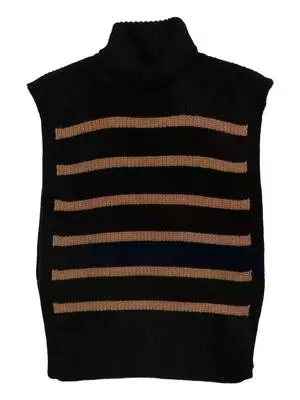 DAVANTINO Striped Sleeveless Turtleneck Sweater - Black